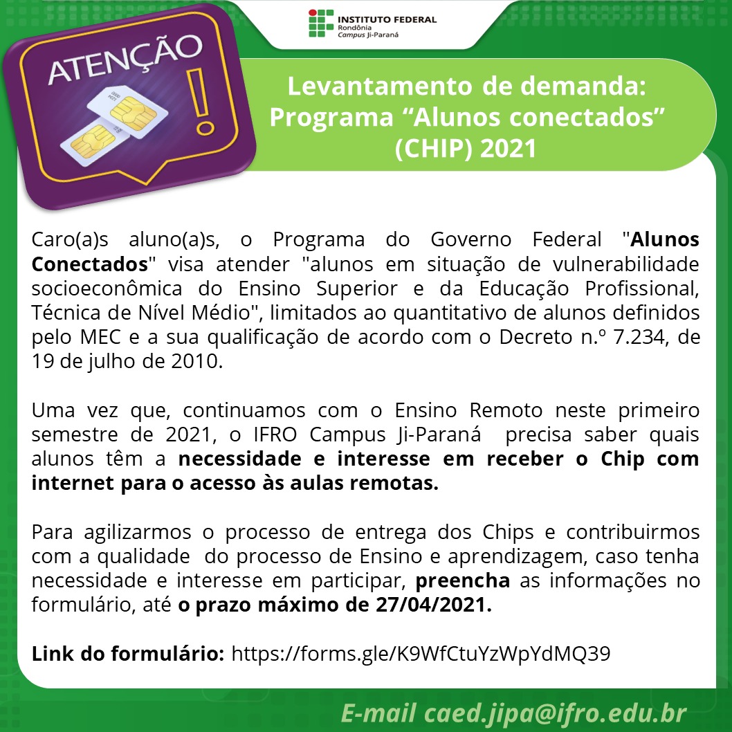 AVA - IFRO Campus Ji-Paraná: Levantamento de demanda: Programa alunos conectados (CHIP) 2021